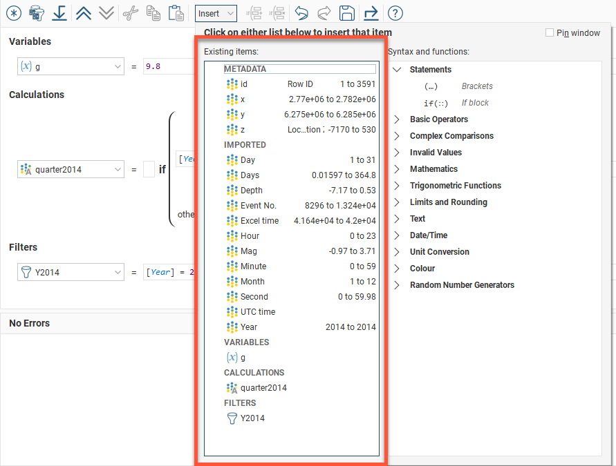 Catalogue of Metadata, Syntax and Functions